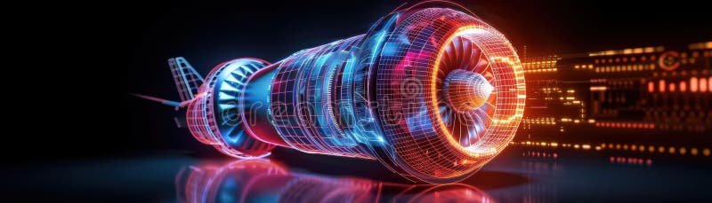 Sleek Wireframe of Advanced Jet Engine, Glowing Lines Against Dark ...