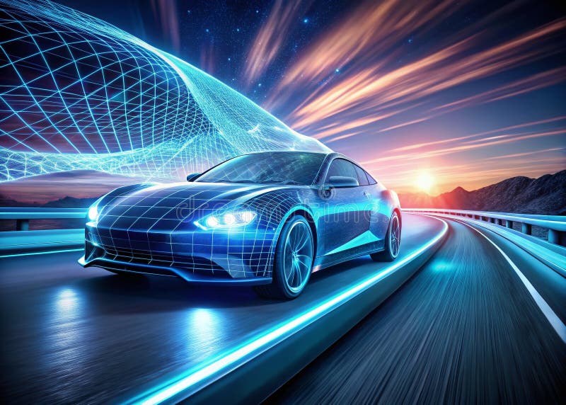 Sleek Wireframe Vehicle Navigates a Glowing Digital Highway a ...