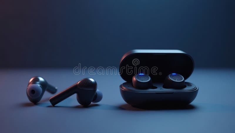 Sleek Wireless Earbuds in Charging Case with Blue LED Glow Stock ...
