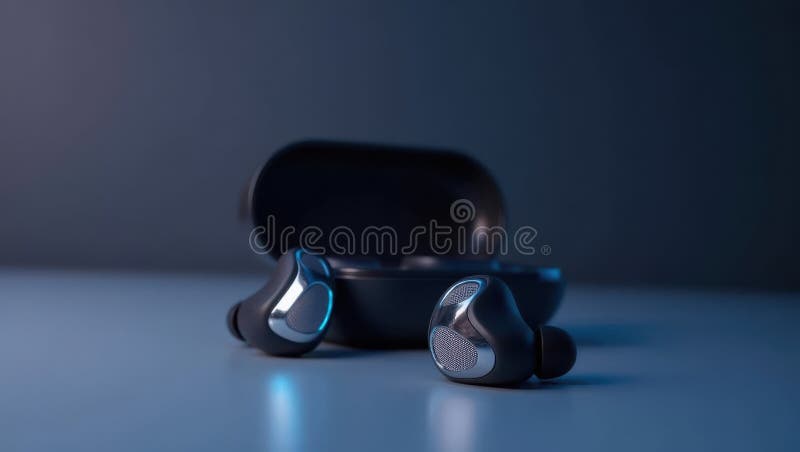 Sleek Wireless Earbuds with Charging Case in Modern Blue Light Stock ...