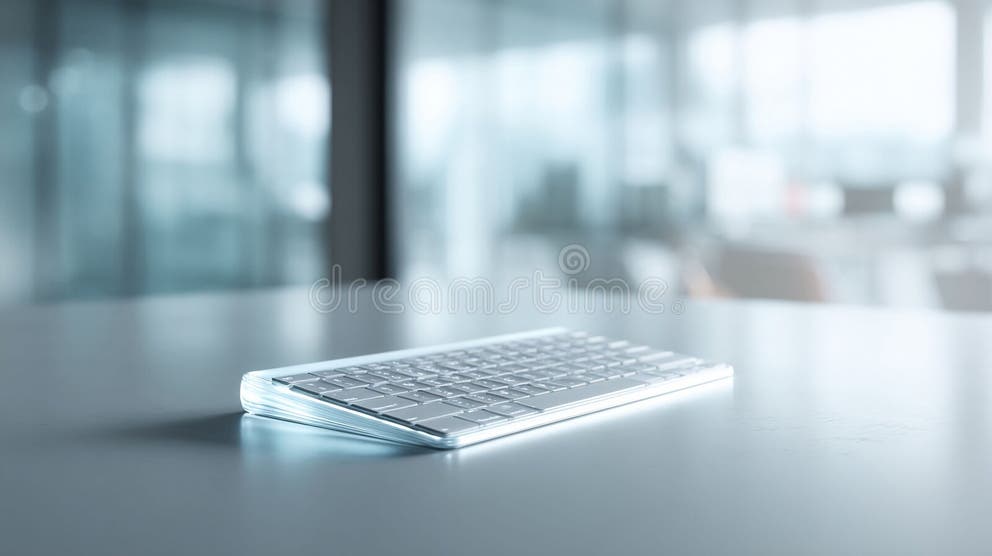 Sleek Wireless Keyboard Resting on a Reflective Surface, Bathed in Cool ...