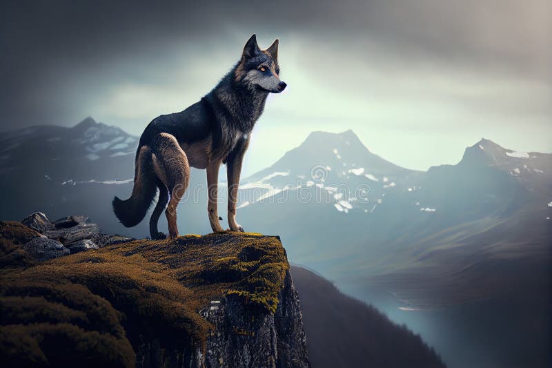 Sleek Wolf, Eyes Fixed on Distant Prey, Atop Mountain Peak Stock ...