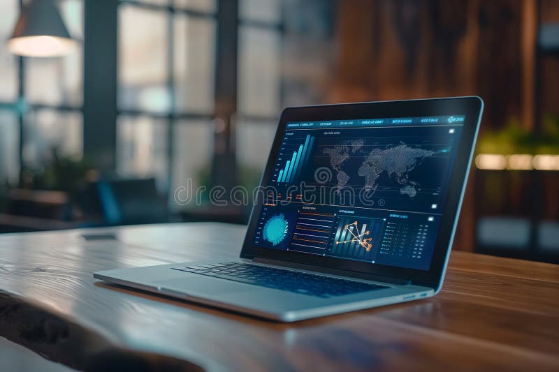 On Sleek Wooden Desk within Office Space, Open Laptop Exhibits Dynamic ...