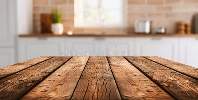 A Sleek Wooden Table Stands Empty, Set Against a Blurred Kitchen ...