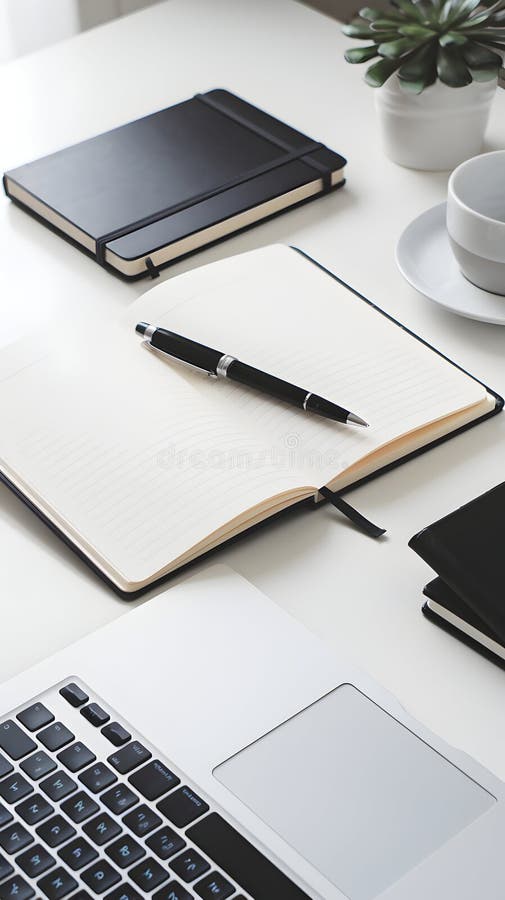 Workspace with Notebook, Pen, Laptop, Cup, and Potted Plant Creates ...