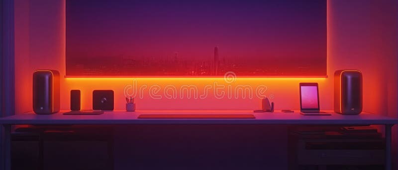 A Sleek Workspace Featuring Warm Ambient Lighting, a Computer Setup ...