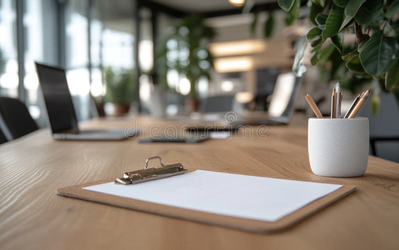 A Sleek Workspace Showcases a Clipboard Ready for Notes, a Potted Plant ...