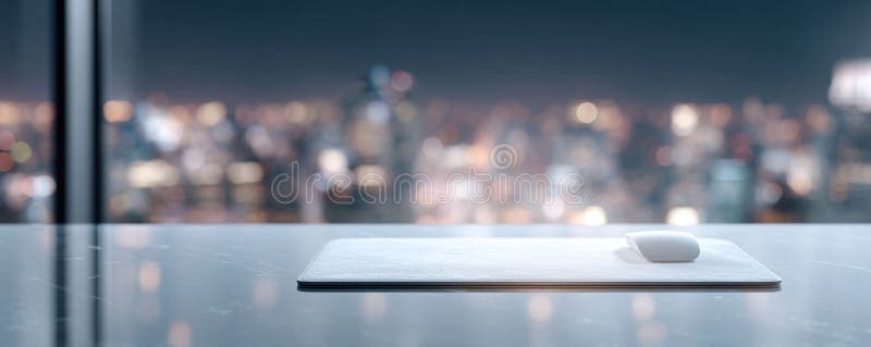 Sleek Workspace Showcasing a Minimalist Setup with a Blurred Cityscape ...