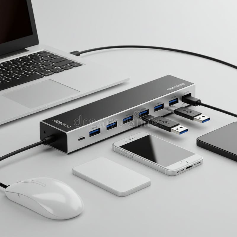 A Sleek Workstation Setup with a USB Hub. the Hub Features Multiple USB ...