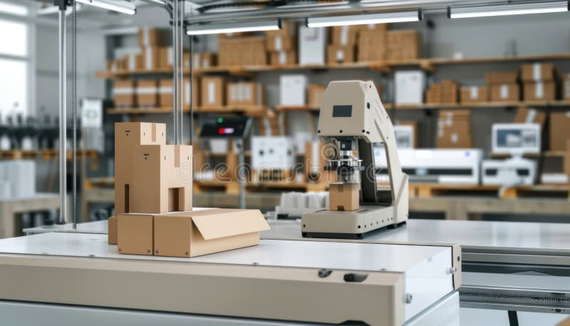 Automated Packaging Process in a Modern Warehouse with Cardboard Boxes ...