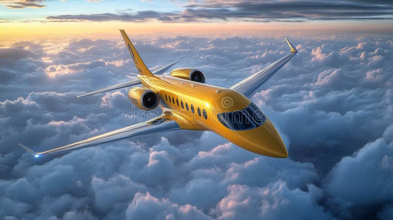 Sleek Yellow Private Jet Gliding Above Clouds at Sunset Stock ...