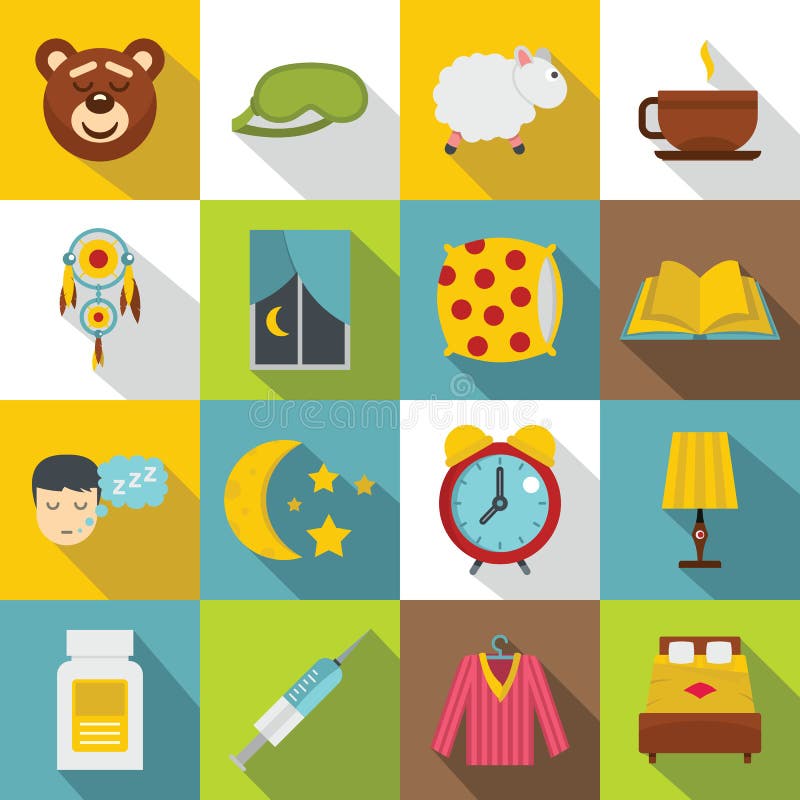Sleep Icons Set, Flat Style Stock Vector - Illustration of night, hotel ...
