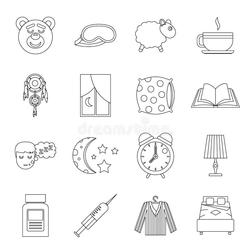 Sleep Icons Set, Outline Style Stock Vector - Illustration of pajamas ...