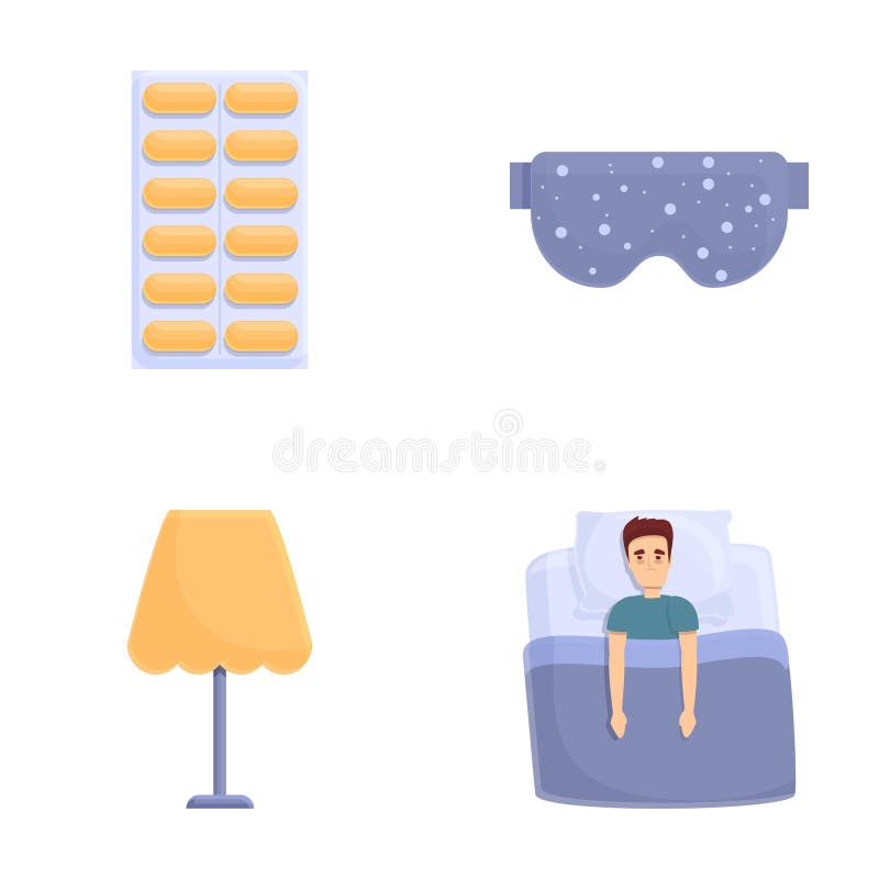 Sleep Problem Icons Set Cartoon Vector. Man Lies in Bed and Cannot ...