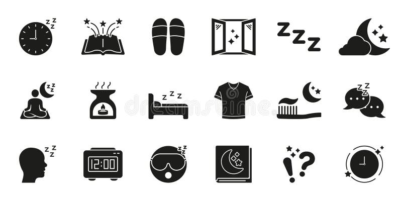Sleep and Relaxation Themed Solid Icon Set. Nighttime Routine, Restful ...