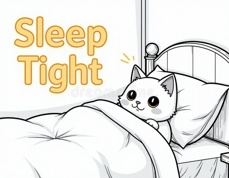 Sleep Tight Cute Cartoon Cat in Bed Illustration Stock Illustration ...