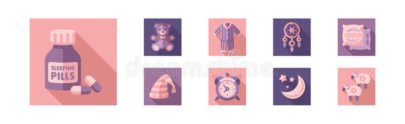 Sleep Time Flat Icons and Object in Square Shape Vector Set Stock ...