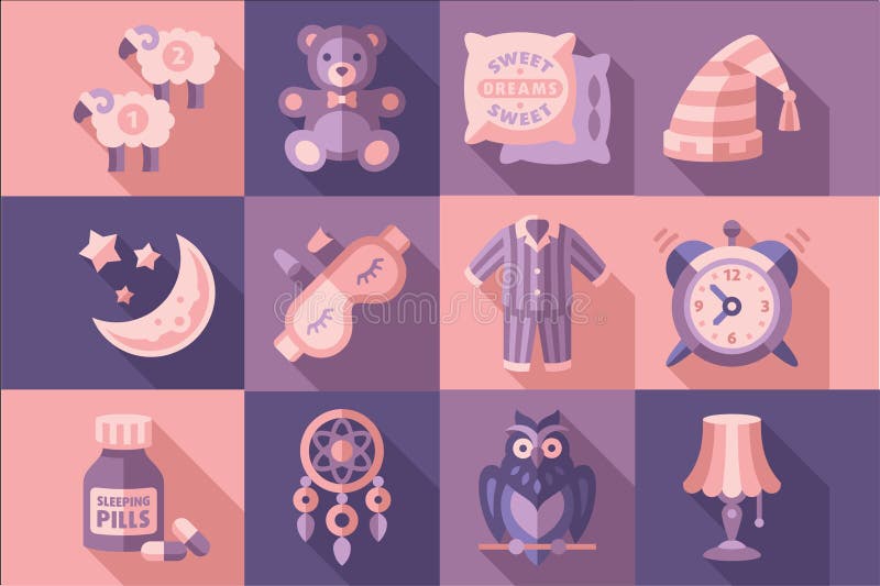 Sleep Time Set, Objects for Sleep, Good Night Vector Illustrations in ...