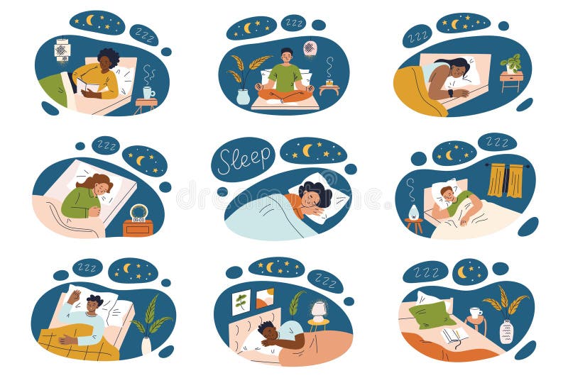 Sleep Vector Illustrations Set. Collection of People Sleeping or ...