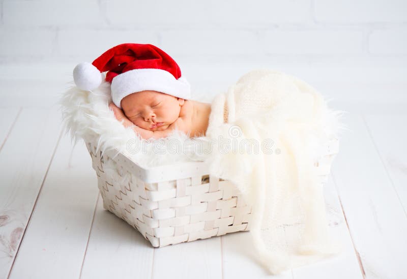 Sleeper Newborn Baby in Christmas Santa Cap Stock Image - Image of cute ...