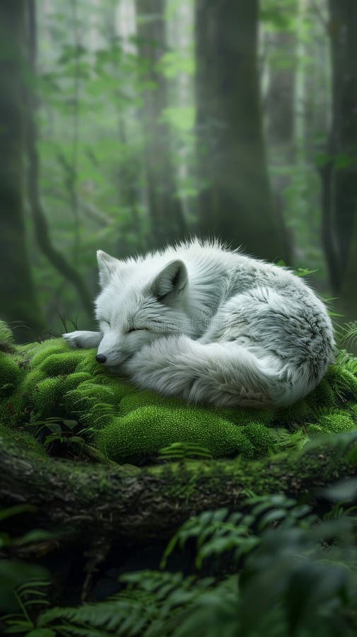Sleeping Arctic Fox in a Lush Green Forest Stock Image - Image of rest ...