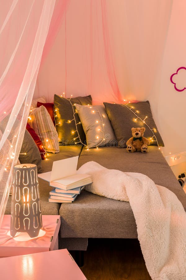 Sleeping area with big bed stock image. Image of childhood - 62060899