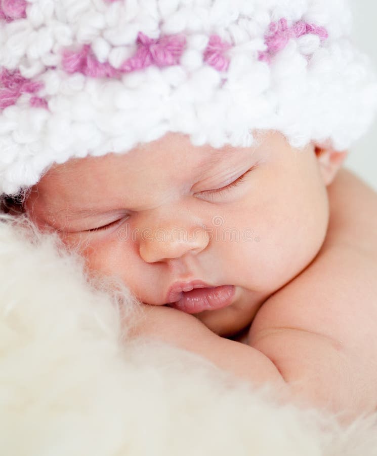 Sleeping Baby Girl Wearing Pink Hat Stock Image - Image of depth ...