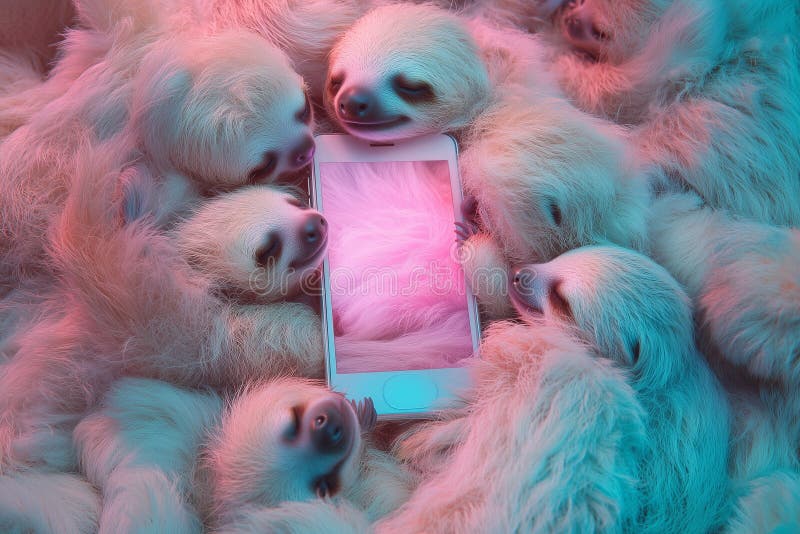 Sleeping Baby Sloths Curled Around Each Other and a Phone in a Cozy ...