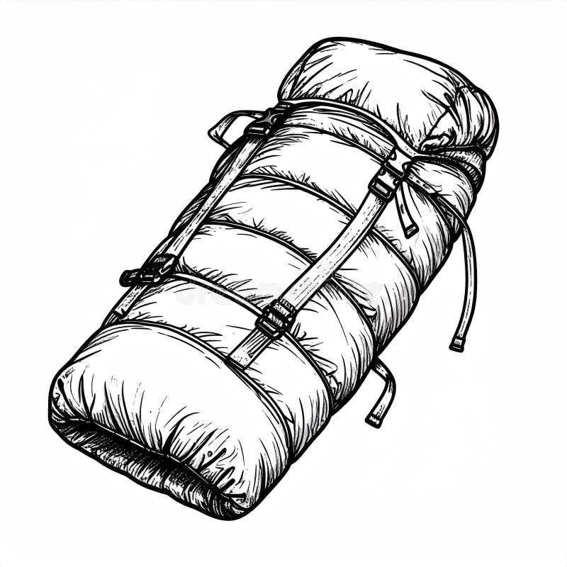 Sleeping Bag Illustration: Black and White Line Drawing of a Quilted Camping Bag Stock ...