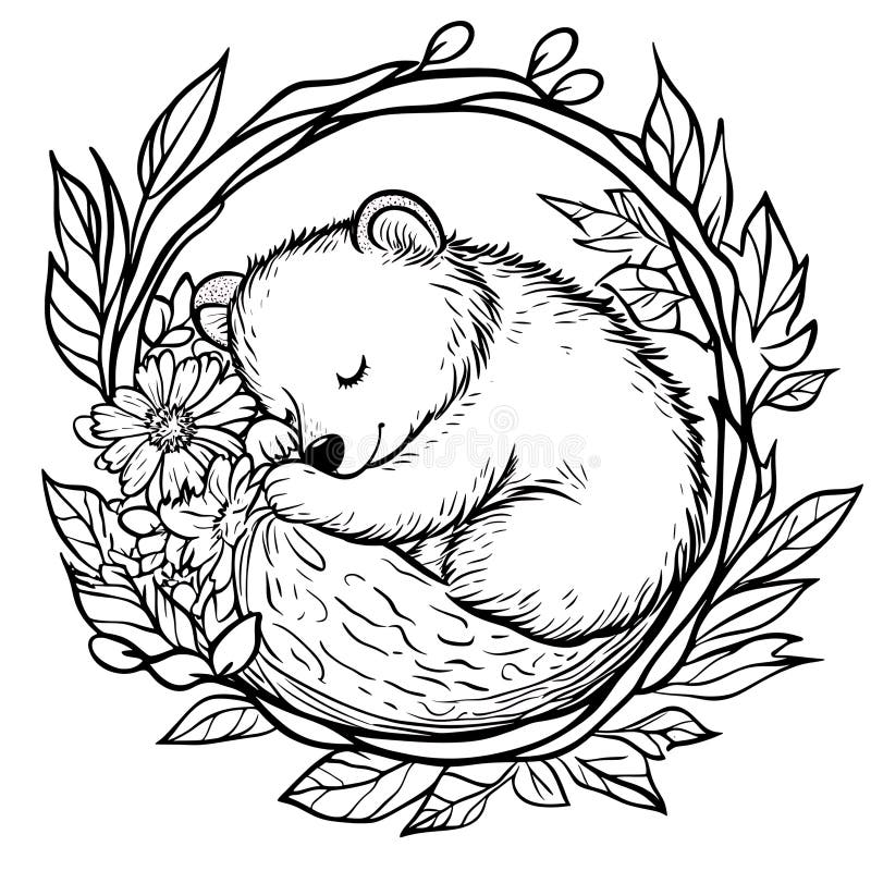 Sleeping Bear Cub in Floral Wreath Stock Illustration - Illustration of sweet, cute: 372723621
