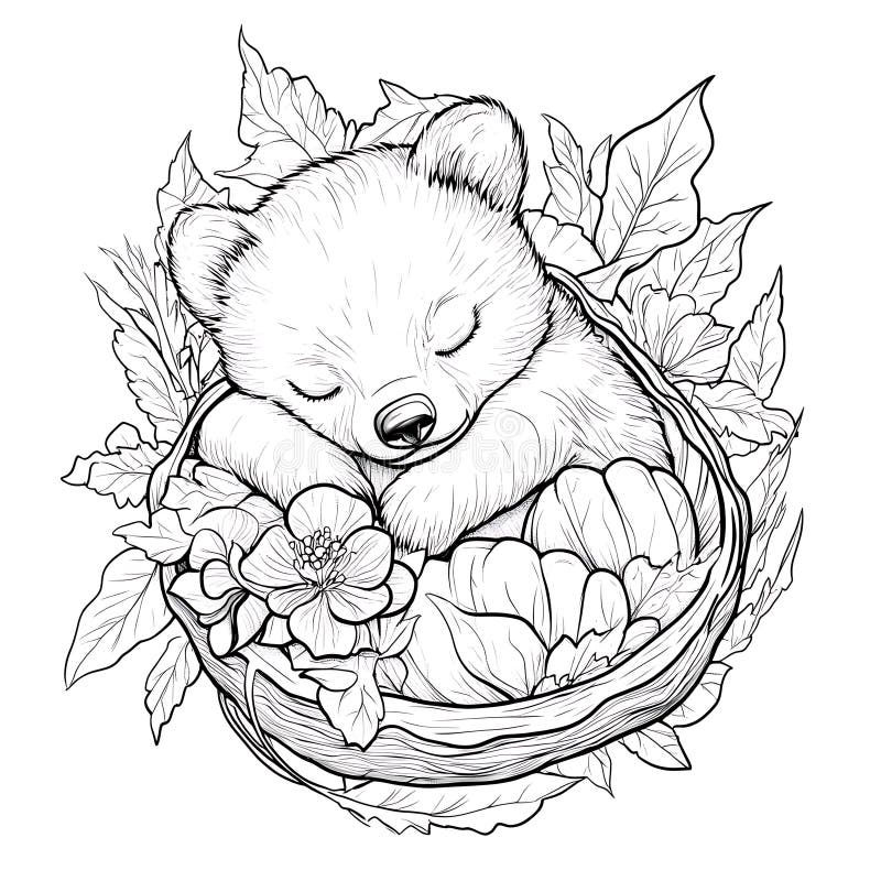 Sleeping Bear Cub Nestled in Flowers. (1 Stock Illustration - Illustration of drawing, graphic ...