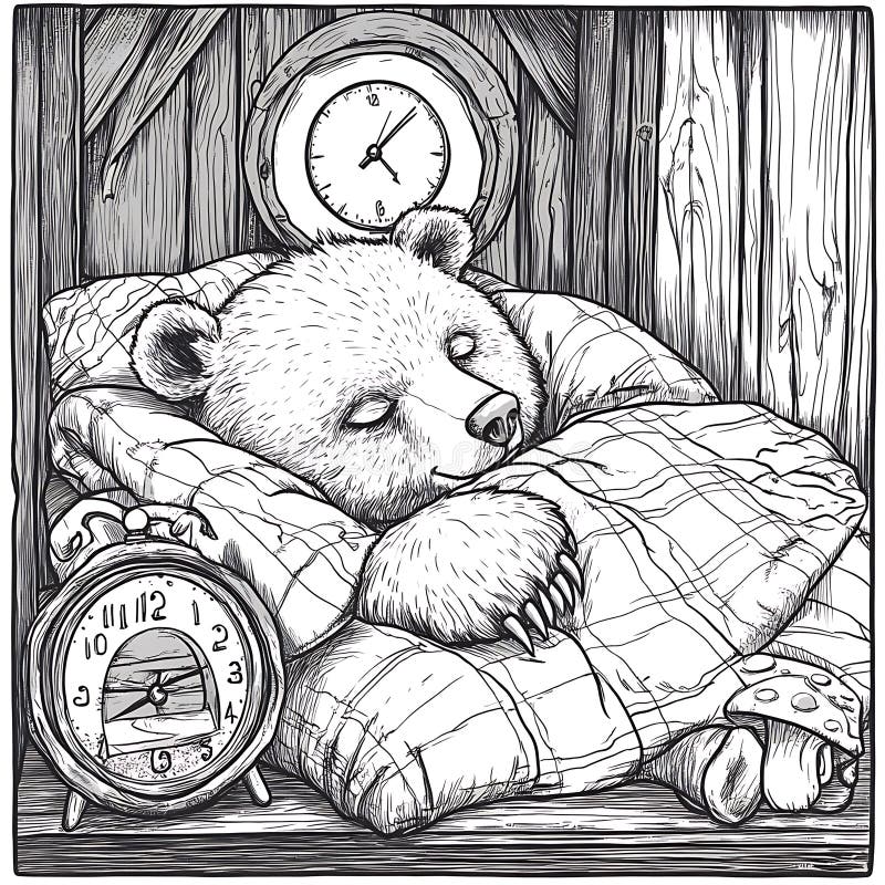 Sleeping Bear Cub in Wooden Room with Clocks Stock Illustration - Illustration of time, wood ...