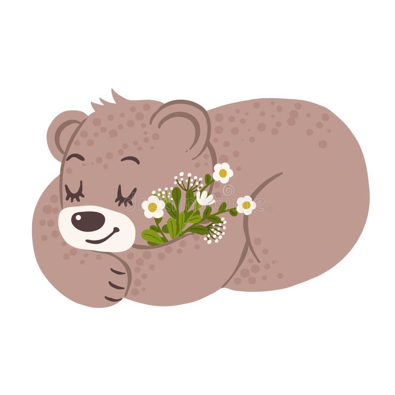 Sleeping Bear with Spring Flowers, Vector Cartoon Stock Vector ...