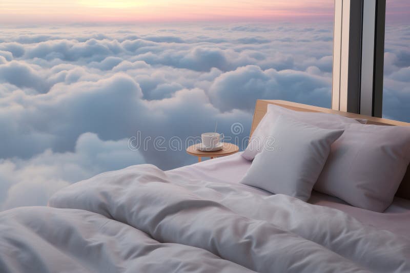 Sleeping Bed with White Bedding Over the White Clouds. Generative AI ...