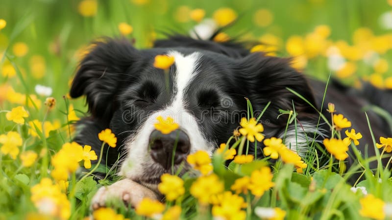 Sleeping Border Collie Dog in Yellow Flower Field Stock Illustration ...