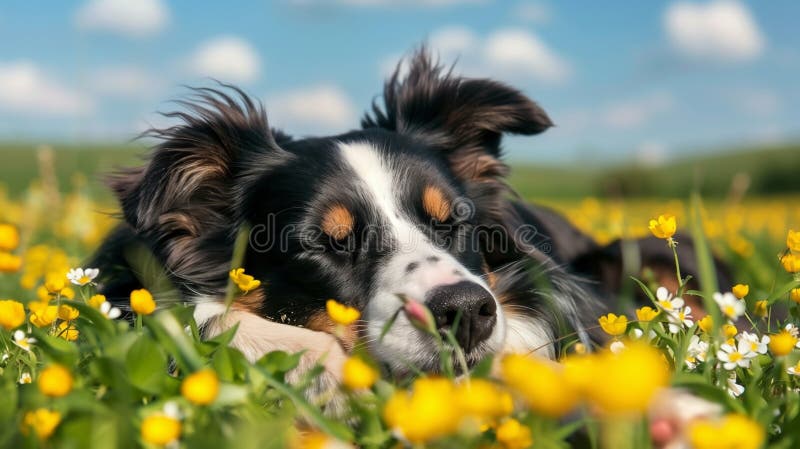 Sleeping Border Collie Dog in Yellow Flower Field Stock Illustration ...
