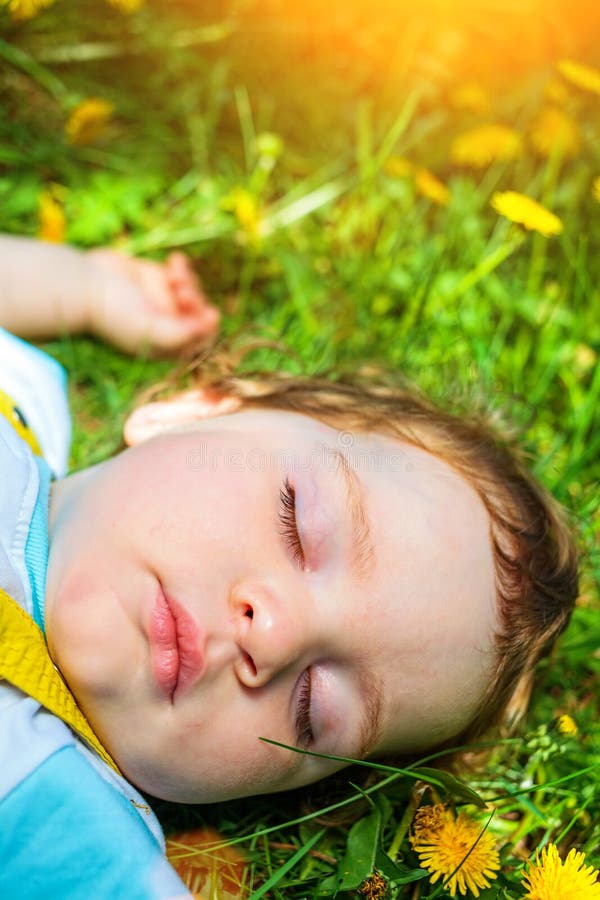 Sleeping boy on grass stock photo. Image of childhood - 36011552
