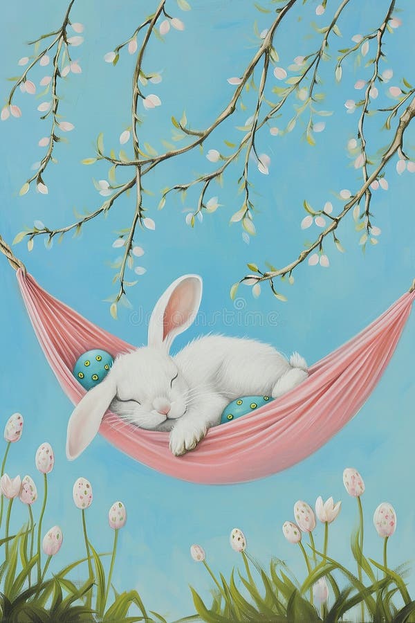 Sleeping Bunny in a Hammock, Serene Springtime Illustration. Perfect ...