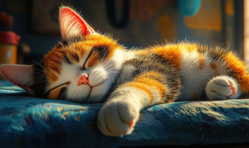 Sleeping Calico Cat Resting Peacefully on Cozy Blanket in Warm Sunlight ...