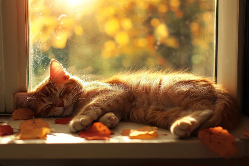 Sleeping Cat Amid Autumn Leaves by Window in Warm Light. AI Generative ...
