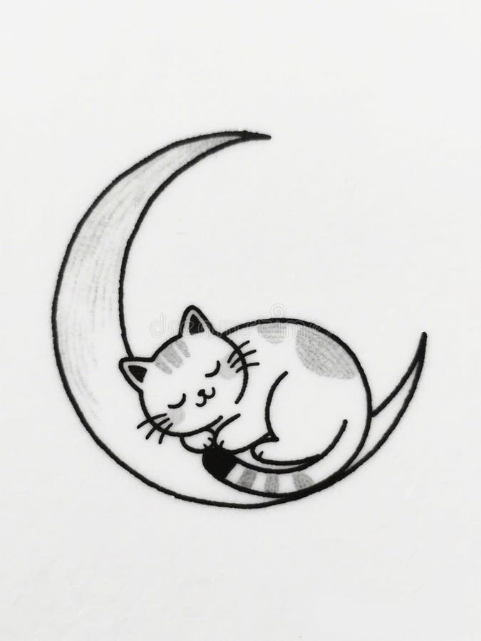 Sleeping cat crescent moon stock illustration. Illustration of drawing ...