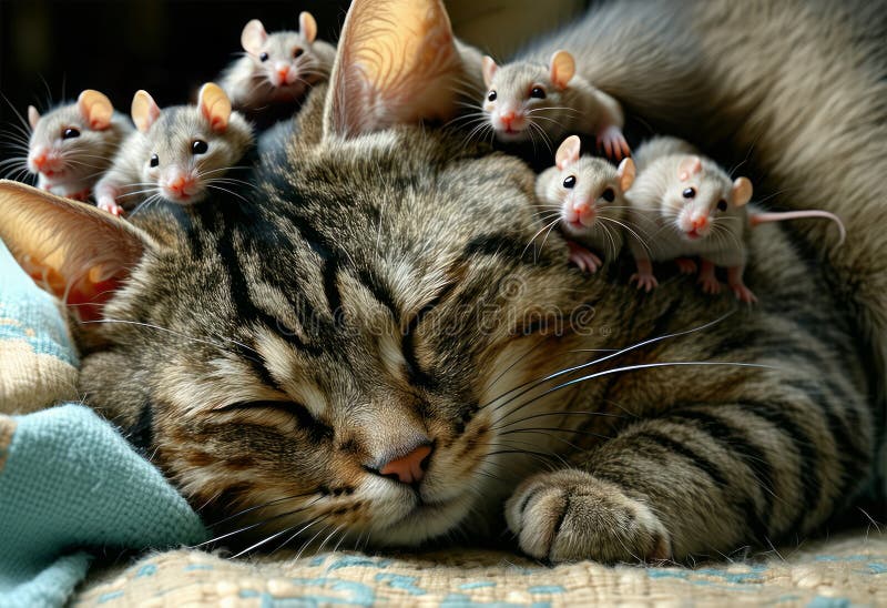 Sleeping Cat and Many Mice Crawling on it. AI Generated Image. Stock ...