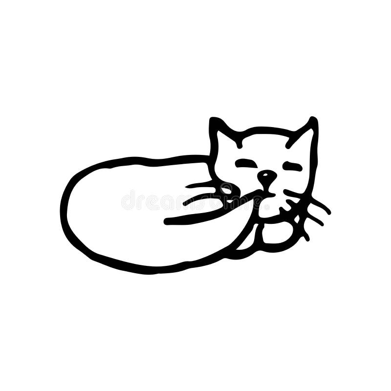 Sleeping Cat, Monochrome Sketch Line Draw Cat Sleepy Vector Pets are ...