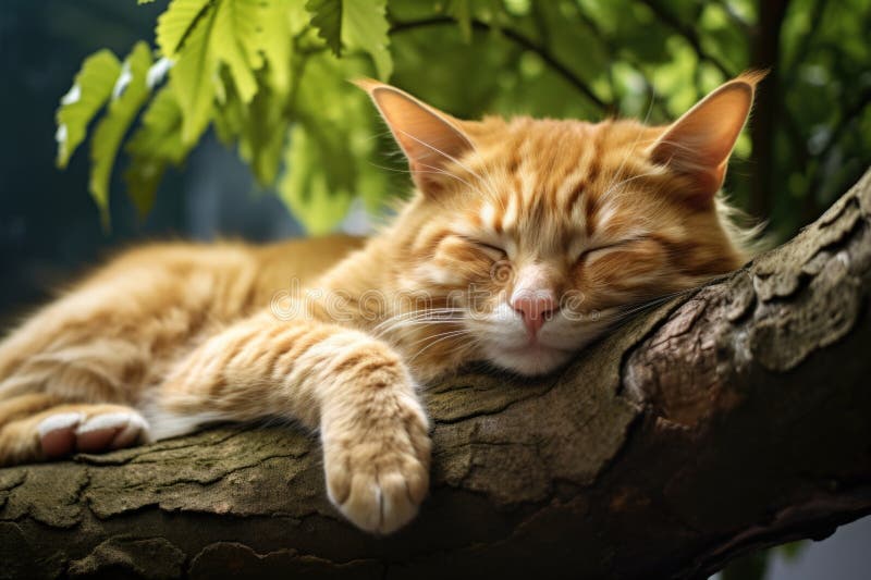 A Sleeping Cat on a Tree Branch Stock Image - Image of feline, sleeping ...
