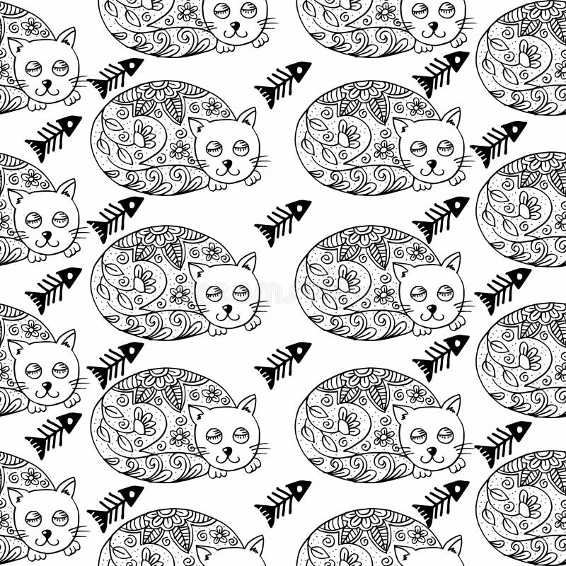 Sleeping Cats and Fish Bones on Black and White Stock Vector - Illustration of kids, drawing ...