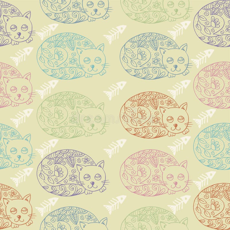 Sleeping Cats and Fish Bones on a Pastel Background Stock Vector - Illustration of bones, mammal ...