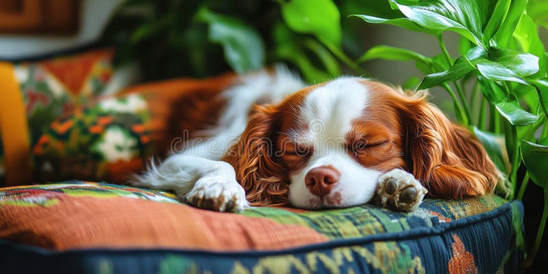 Sleeping Cavalier King Charles Spaniel on Colorful Couch Surrounded by ...