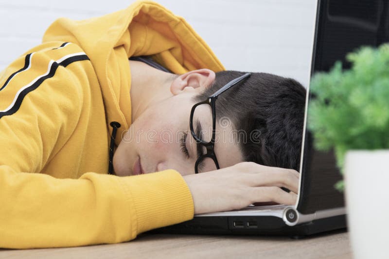 Man Sleeping in Bed with Computer Stock Photo - Image of communication ...