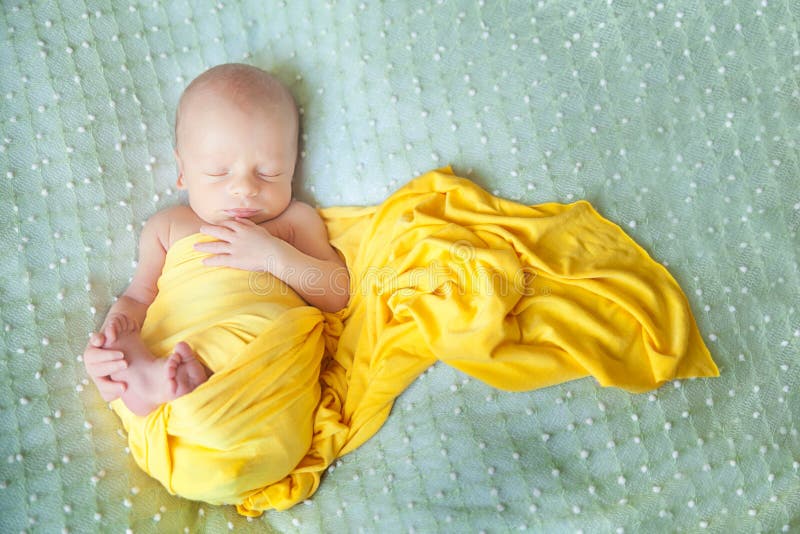 Sleeping Cute Newborn Baby on a Green Blanket Stock Photo - Image of ...