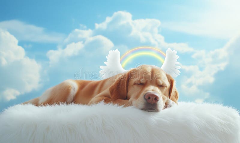 Sleeping Dog with Angel Wings and Rainbow in Blue Sky Stock Image ...